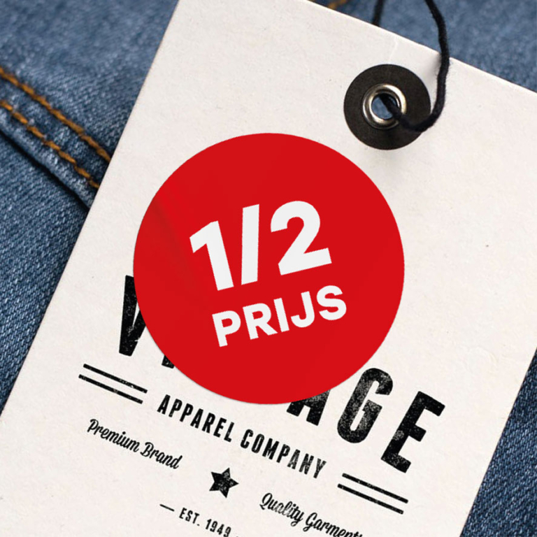 Halve prijs stickers, 30mm | Kortingsticker.nl